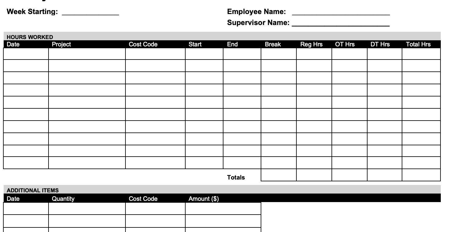 Construction Weekly Timesheet Templates